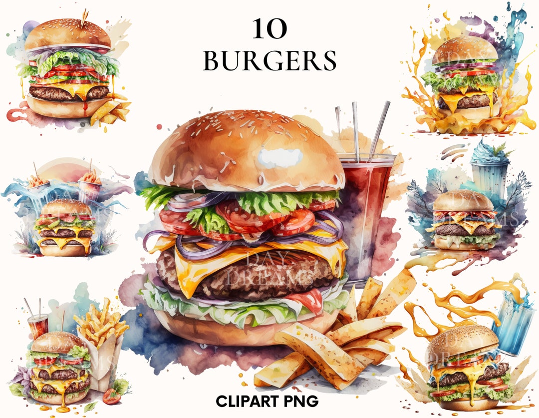 Watercolor Burger Clipart, Fast Food Clipart Bundle, Burger With Fries ...