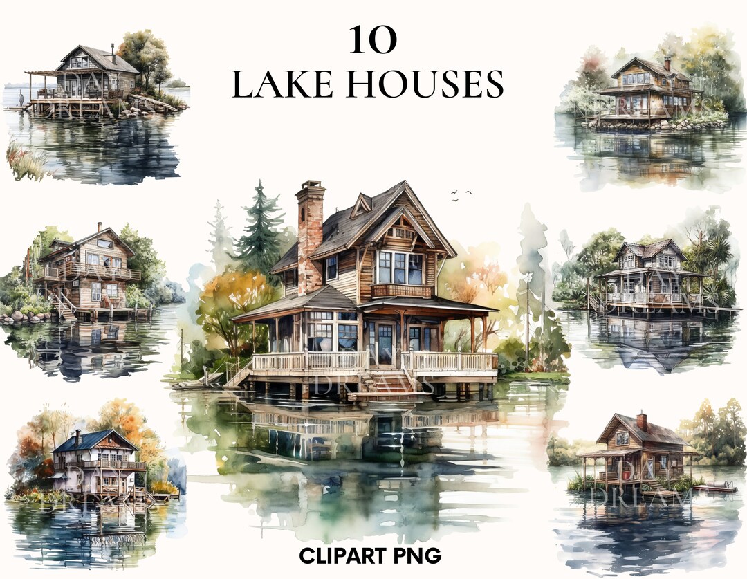 Lake House Clipart, Cozy Cabin Clipart Bundle, Mountains Cottage ...