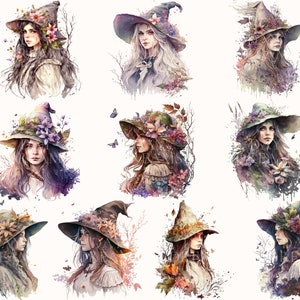 Watercolor Witch Clipart, Flower Faces Clipart Bundle, Beautiful Witch ...