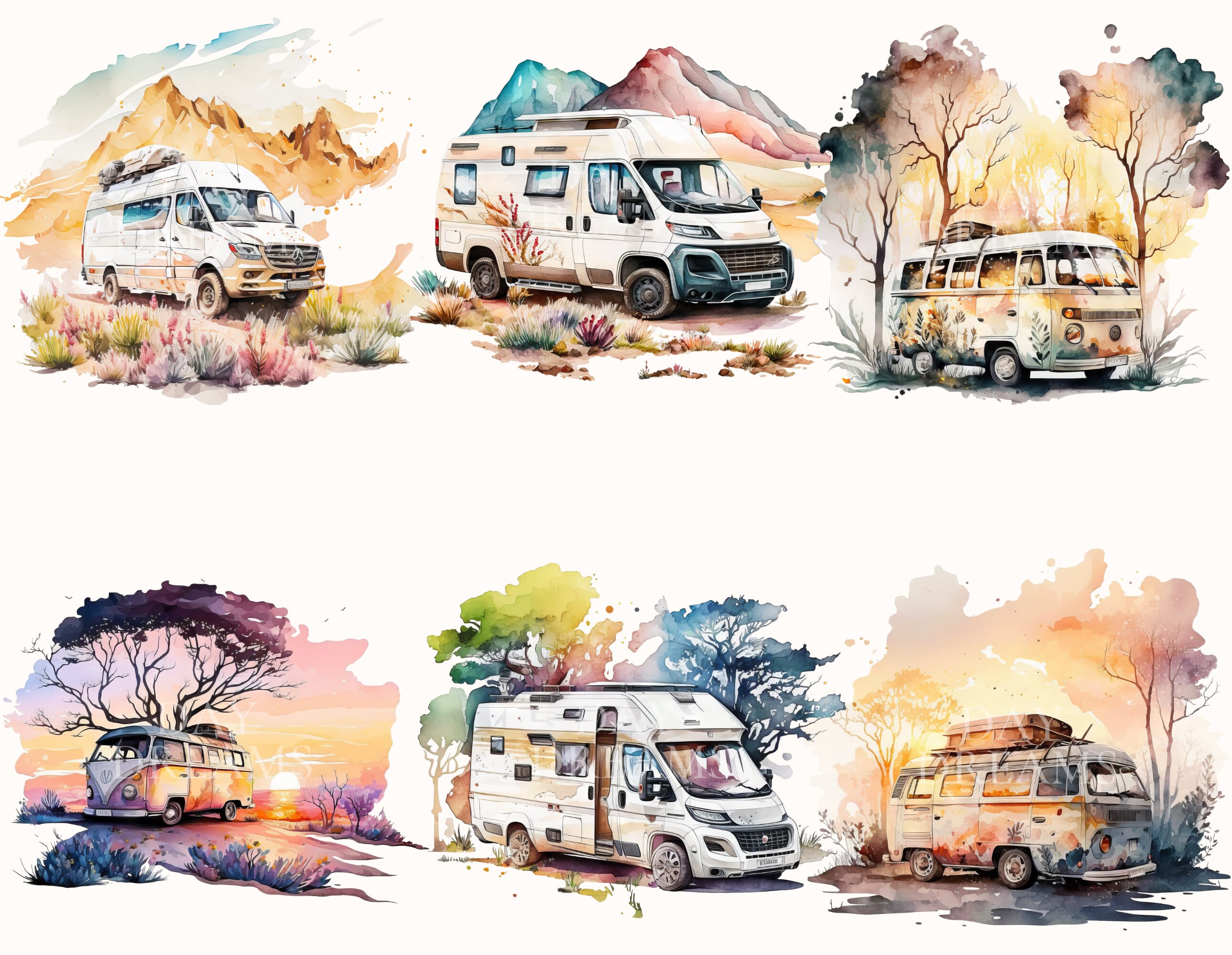 Watercolor Camper Vans Clipart, Camping Clipart, Camper Adventure Van ...
