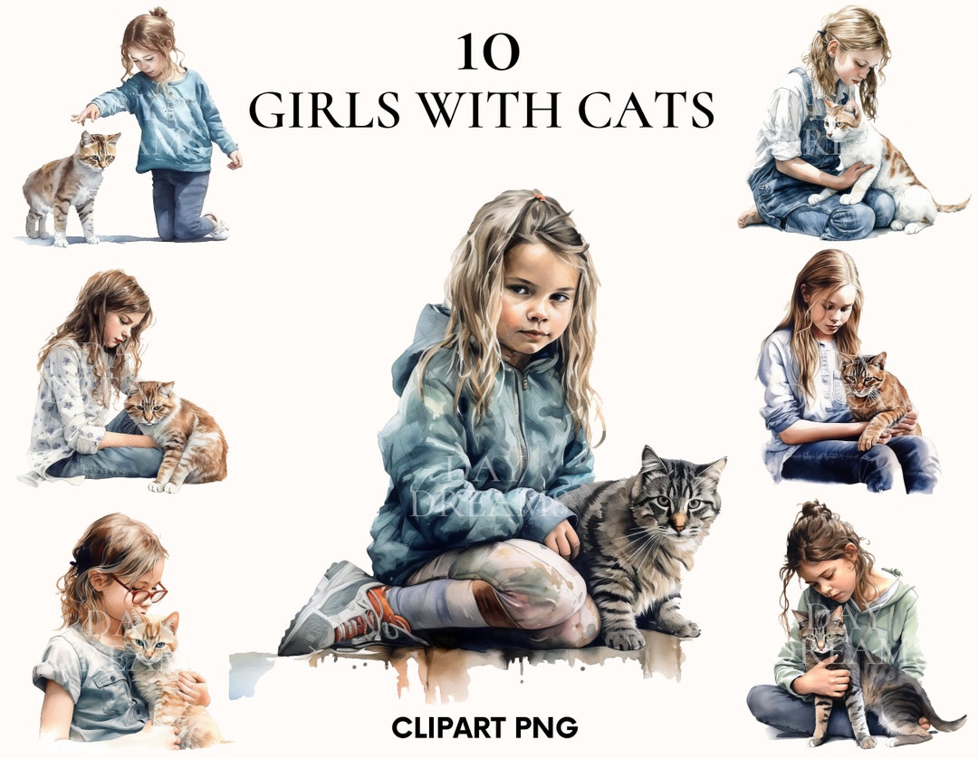 Watercolor Girl With Cat Clipart, Girls Clipart Bundle, Beautiful Girl ...