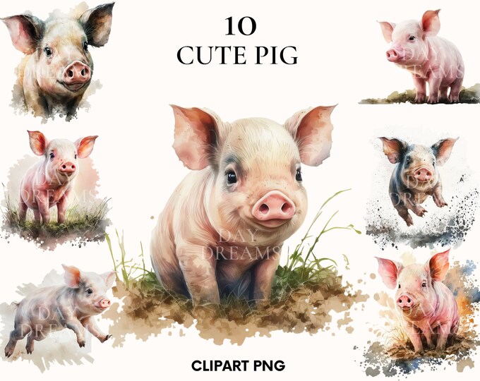 10 Red Barn Pig Clip Art, Watercolor Clipart JPG, Junk Journaling ...