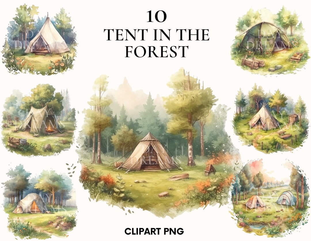 Watercolor Tent in Forest Clipart, Camping Clipart, Adventure Clipart ...