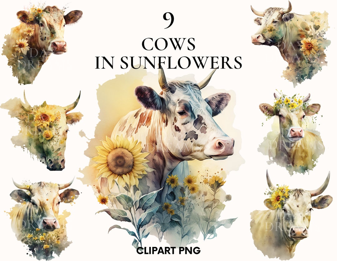 Watercolor Cow Clipart, Farm Life Clipart, Happy Cow in Sunflower ...