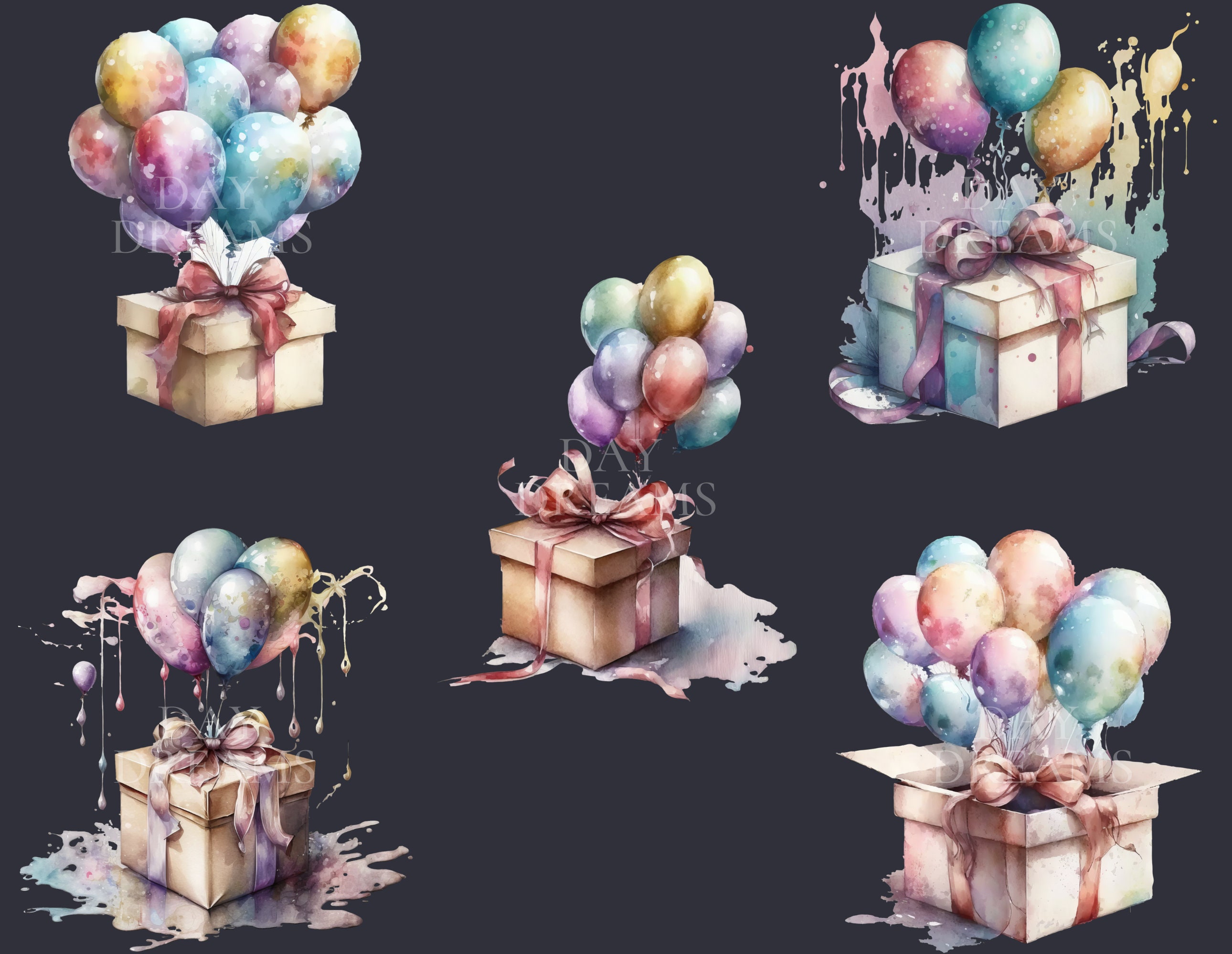 Watercolor Birthday Gift Clipart Balloons Clipart Gift Box - Etsy