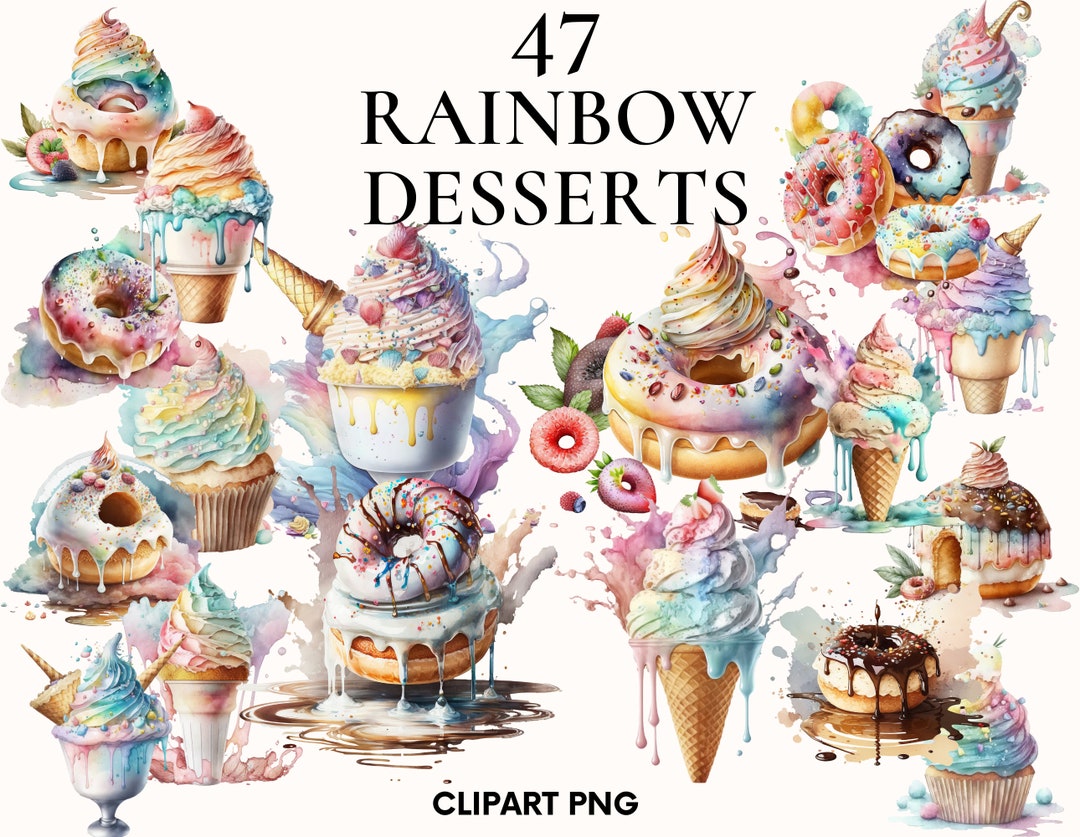 Watercolor Dessert Clipart, Rainbow Ice Cream Clipart, Unicorn Cake ...