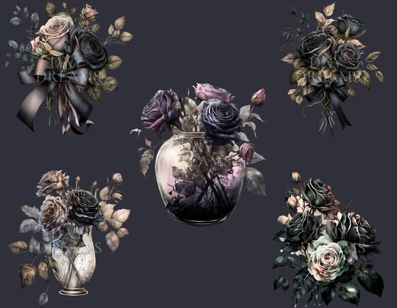 Watercolor Rose Clipart, Black Roses Clipart Bundle, Rose Png, Flower ...