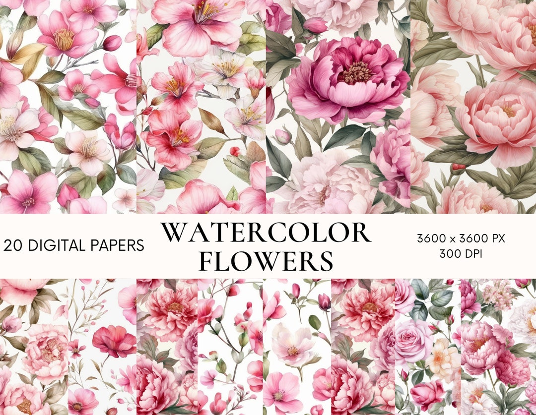 Watercolor Flower Digital Paper, Pastel Flowers Texture, Rose, Peony ...