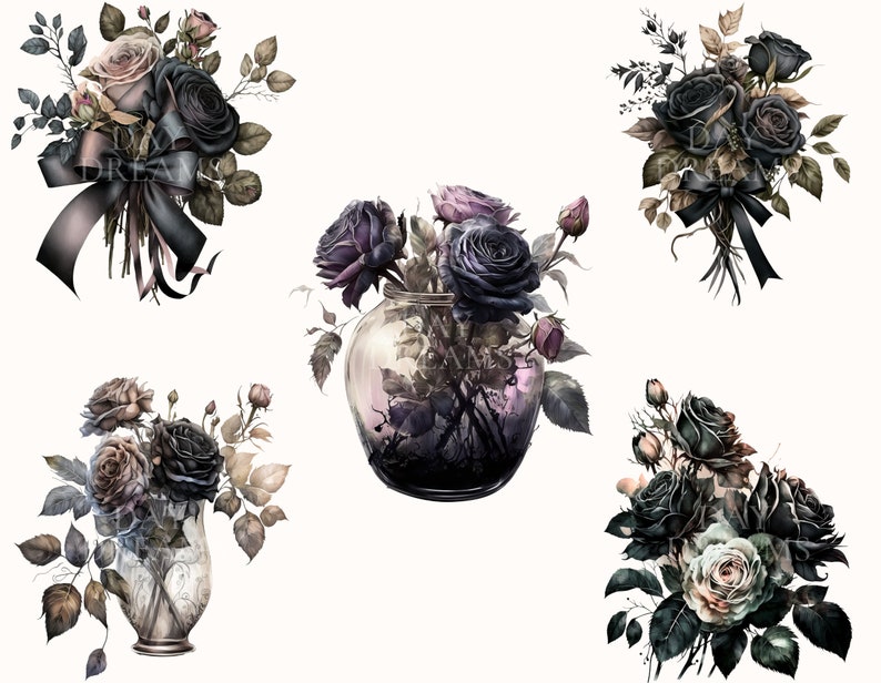 Watercolor Rose Clipart, Black Roses Clipart Bundle, Rose Png, Flower ...