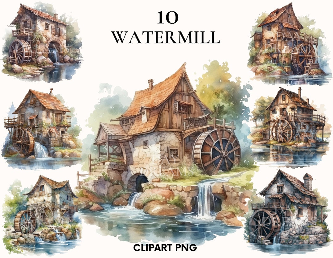 Watercolor Cozy Watermill Clipart, Beautiful Spring Landscape Clipart ...