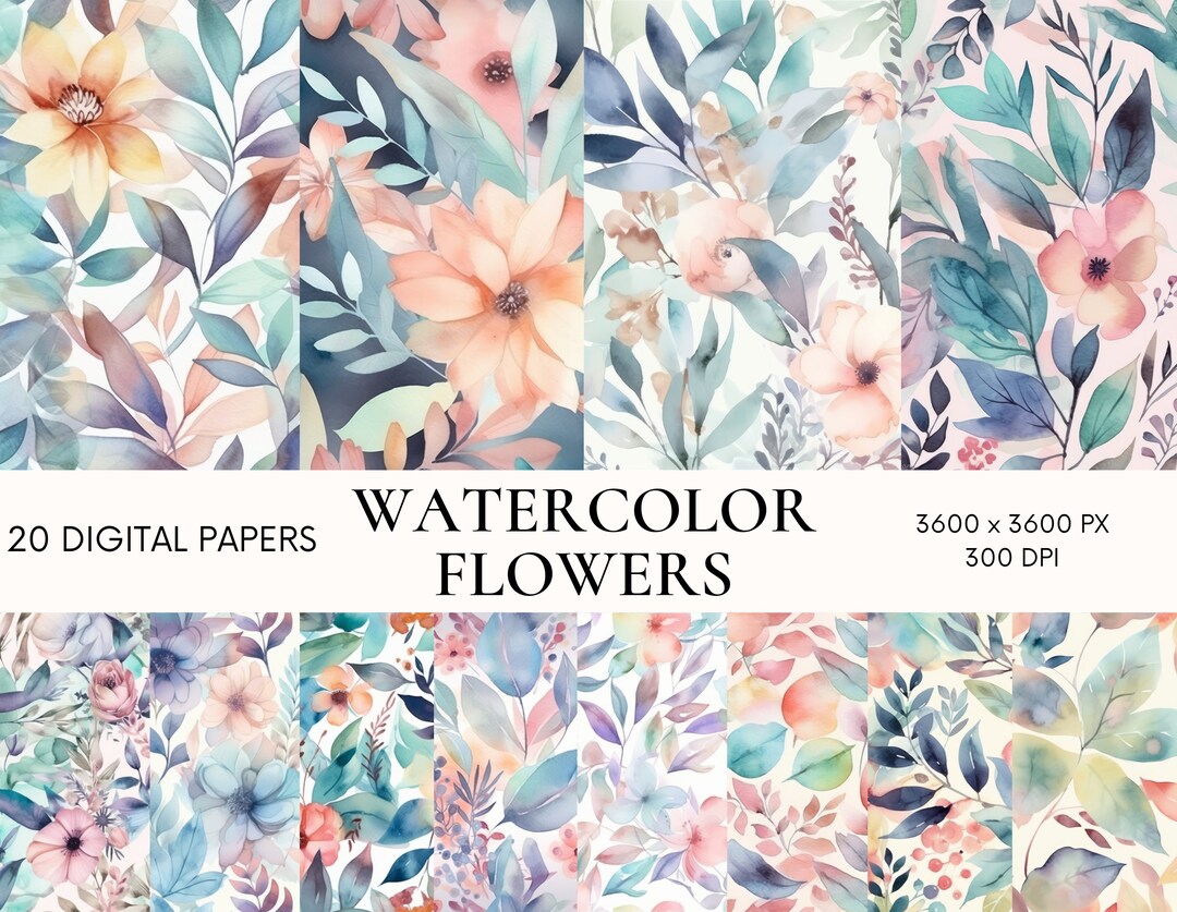 Watercolor Flower Digital Paper, Pastel Flowers Texture Instant ...