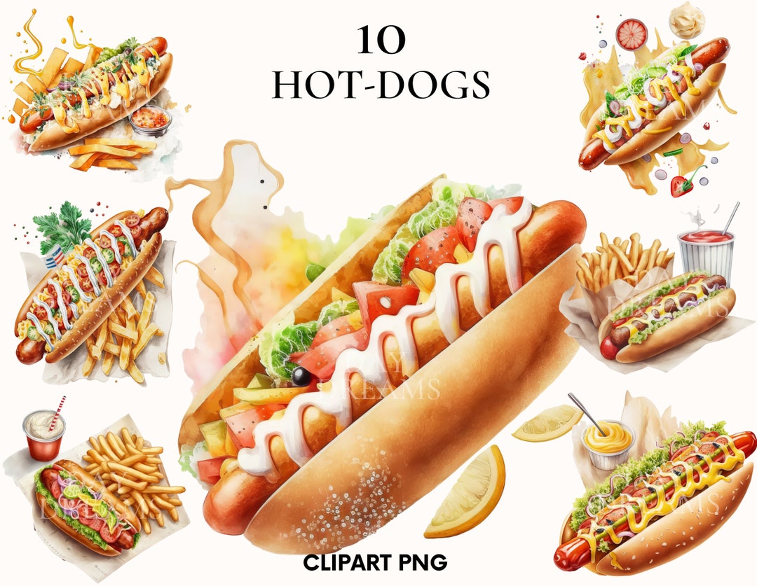 Watercolor Hot Dog Clipart, Fast Food Clipart Bundle, Delicious Hotdog ...