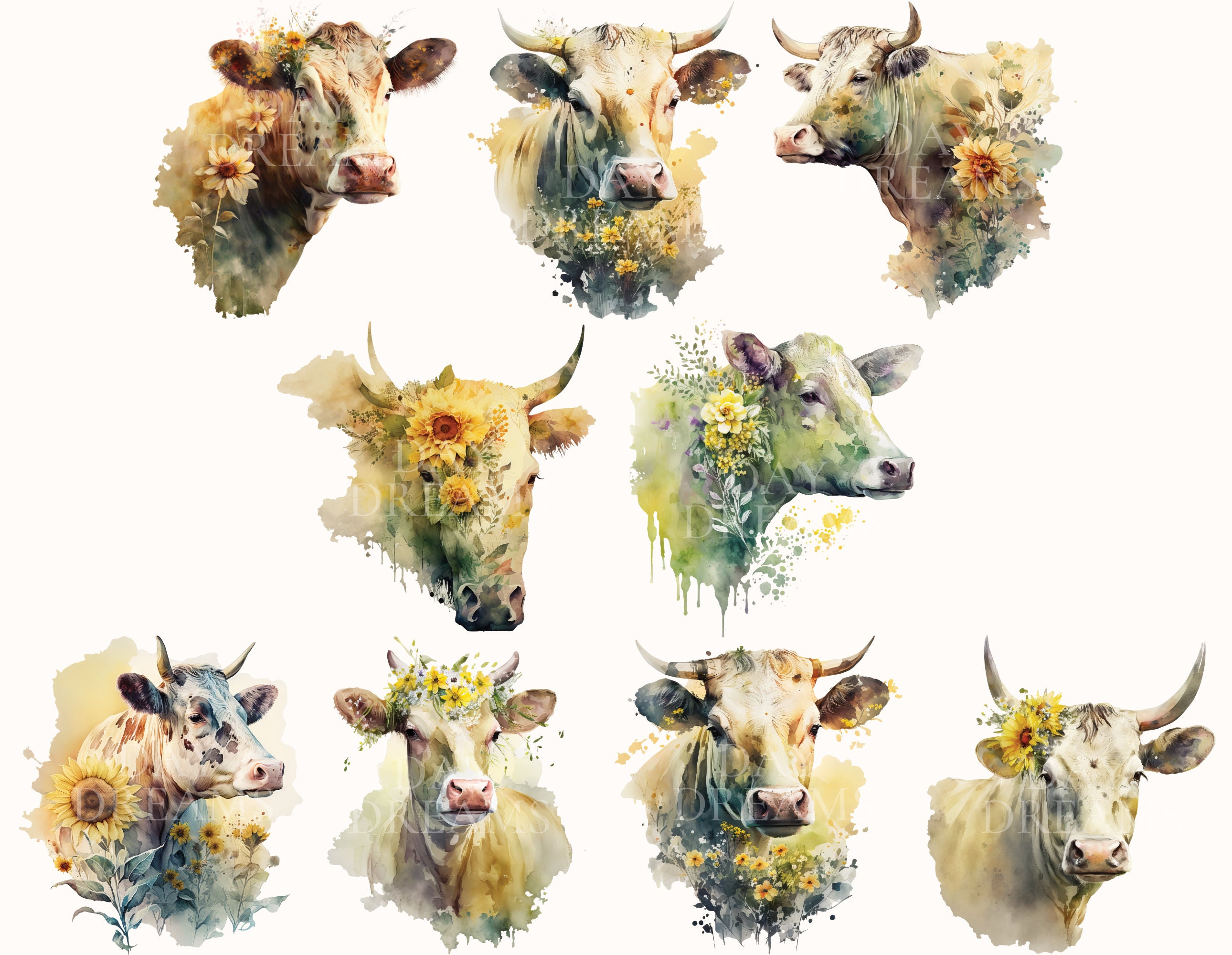 Watercolor Cow Clipart, Farm Life Clipart, Happy Cow in Sunflower ...
