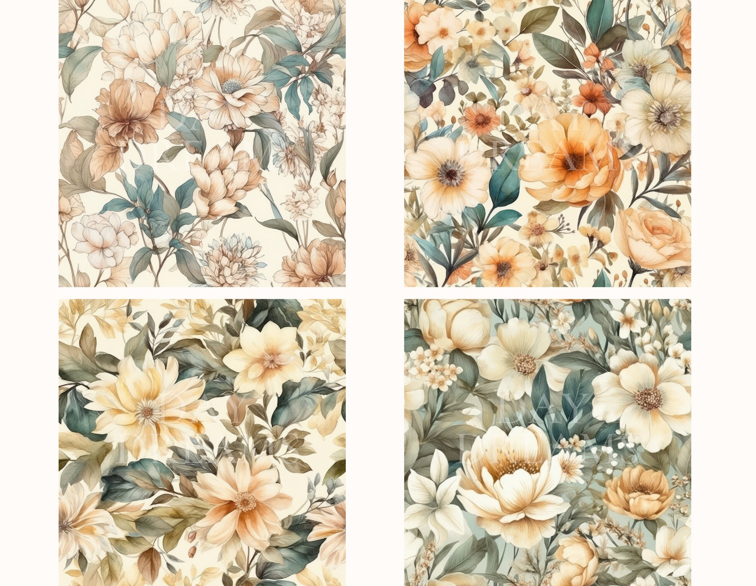 Watercolor Flower Digital Paper, Pastel Cream Flowers Texture Instant ...
