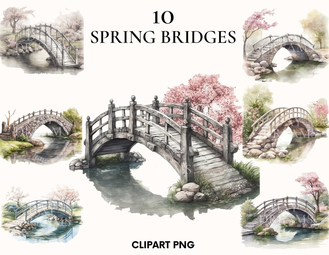 Watercolor Spring Bridge Clipart, Garden Clipart Bundle, Fairy Garden ...