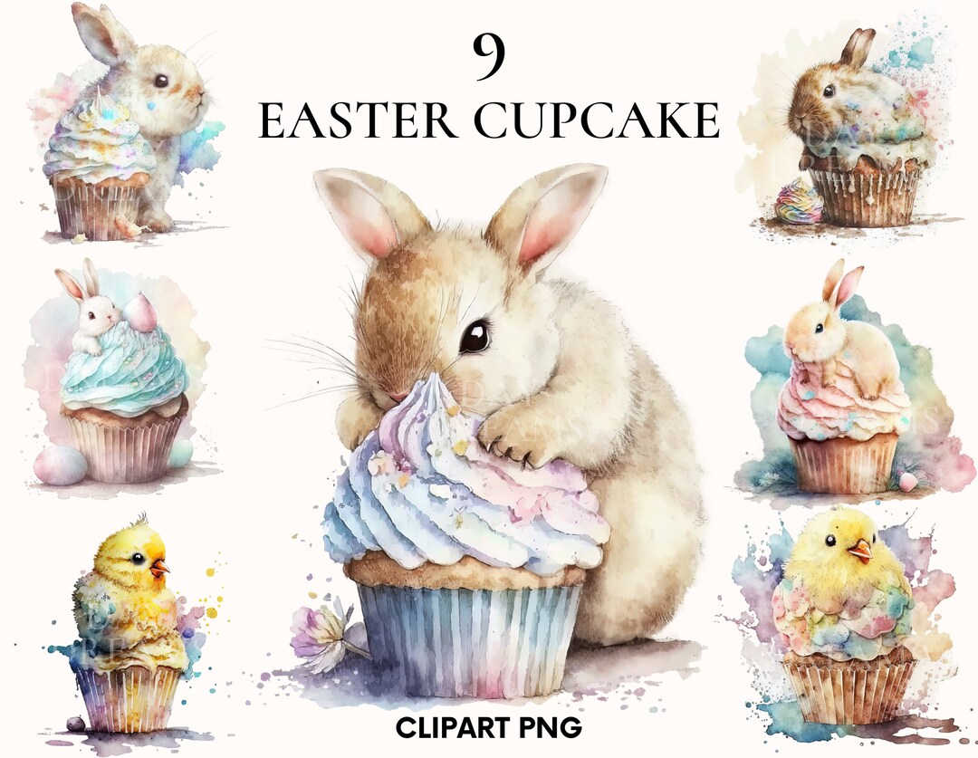 Watercolor Easter Cupcake Clipart, Easter Clipart Bundle, Cute Bunny ...