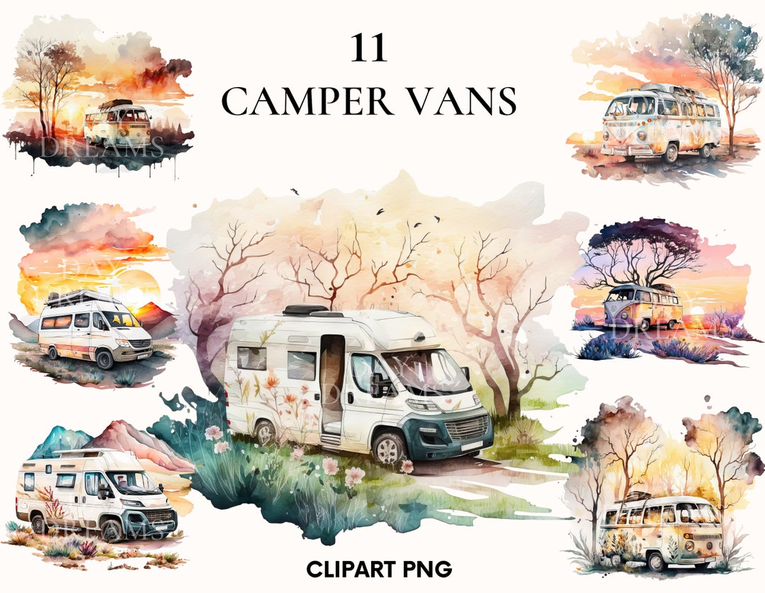 Watercolor Camper Vans Clipart, Camping Clipart, Camper Adventure Van ...