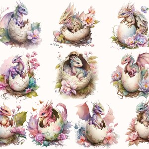 Watercolor Baby Dragon in an Egg Clipart, Fairy Tale Clipart Bundle ...