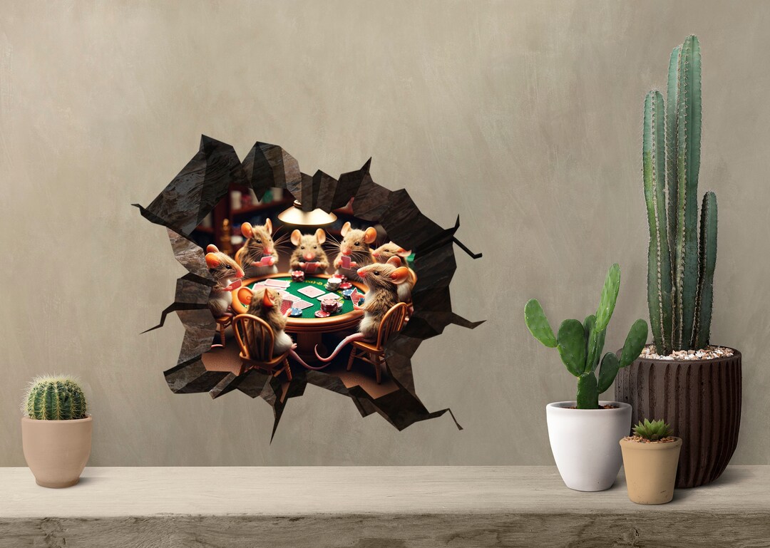 Mice Playing Poker - Whimsical Mouse Hole Wall Decal Sticker - 3D Cute ...