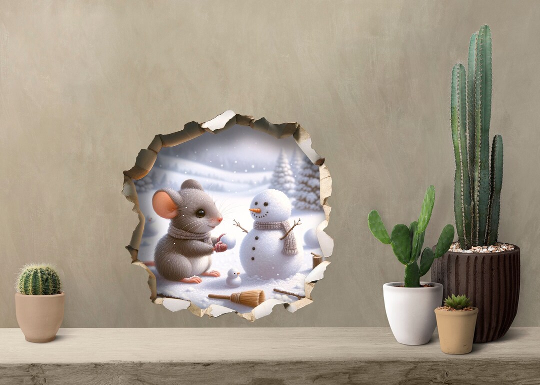 Mouse Building a Snowman - Whimsical Mouse Hole Wall Decal Sticker - 3D ...