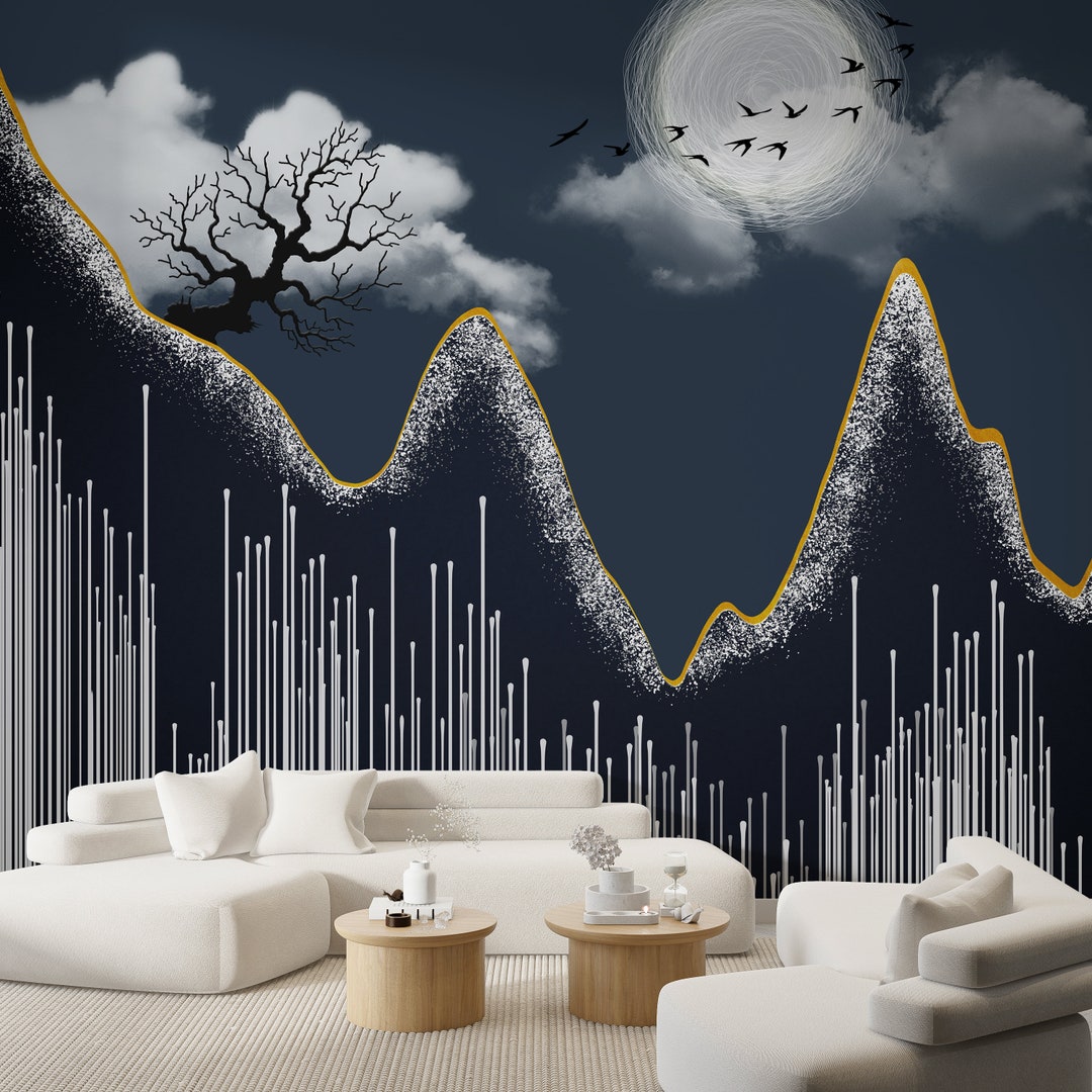 Abstract Night Time Moonlight Scenery Wallpaper for Living Room ...