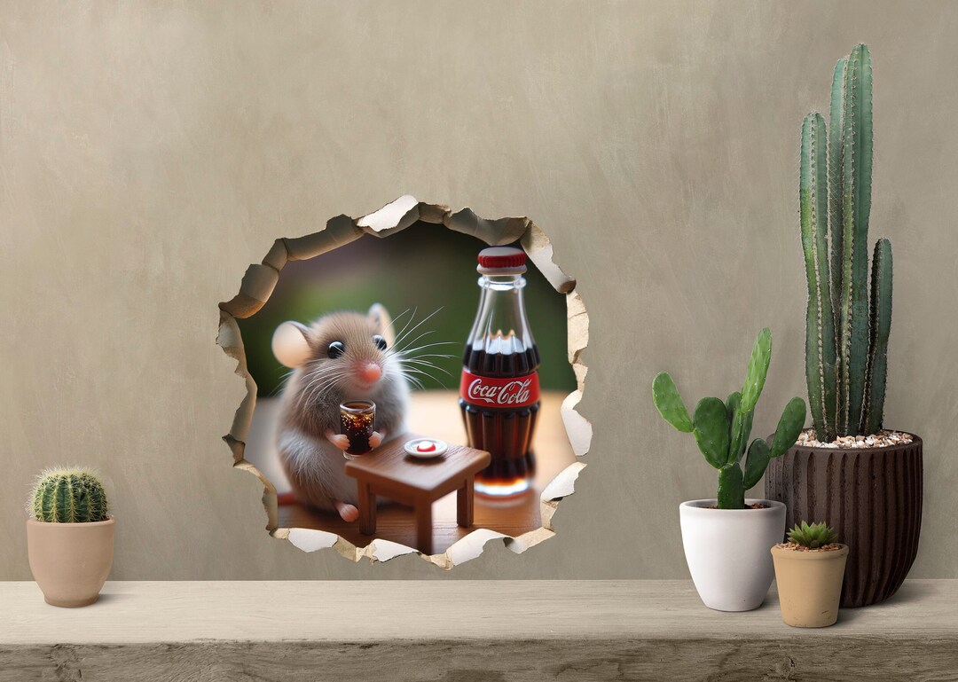 Mouse Drinking Soda - Whimsical Mouse Hole Wall Decal Sticker - 3D Cute ...
