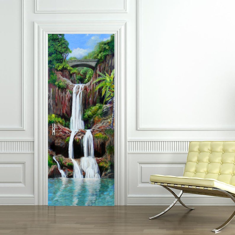 Waterfall Forest Trees Door Wallpaper Decal Removable Sticker ...