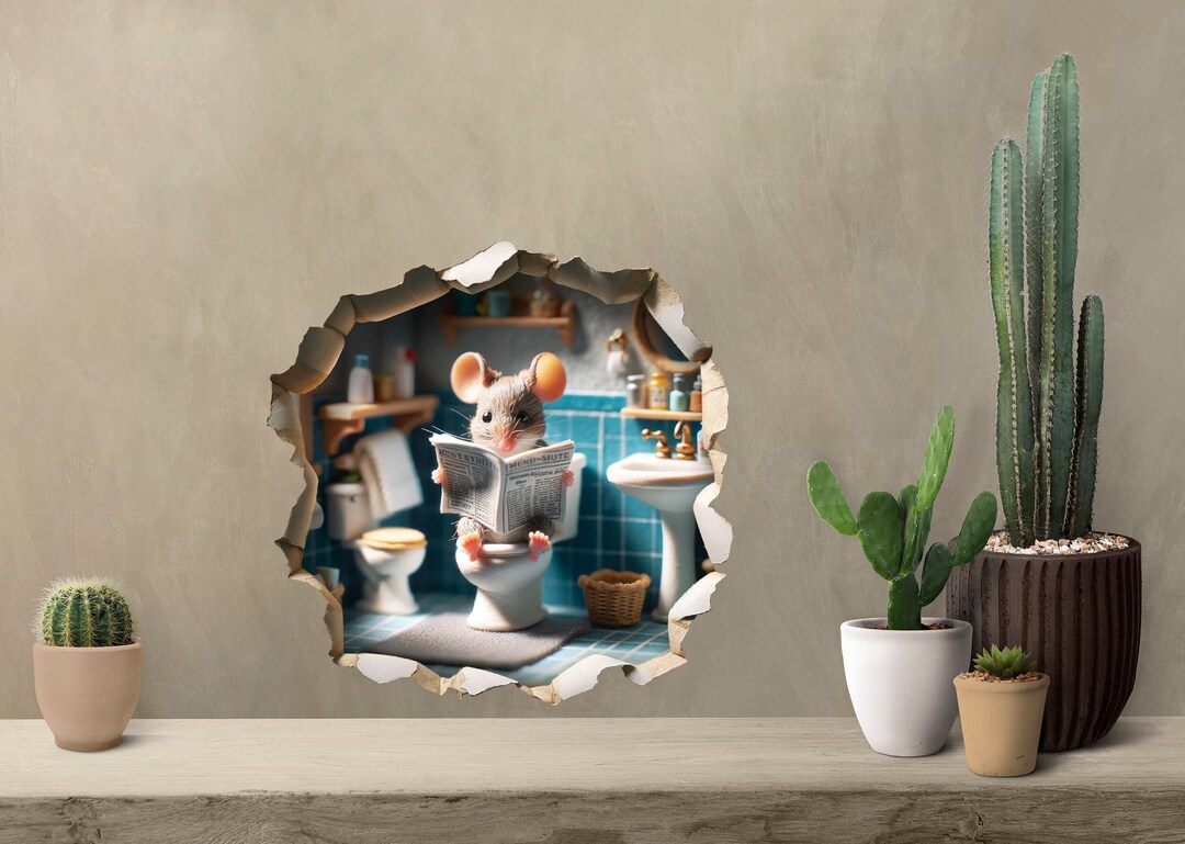 Mouse Sitting on Toilet Reading Newspaper - Whimsical Mouse Hole Wall ...