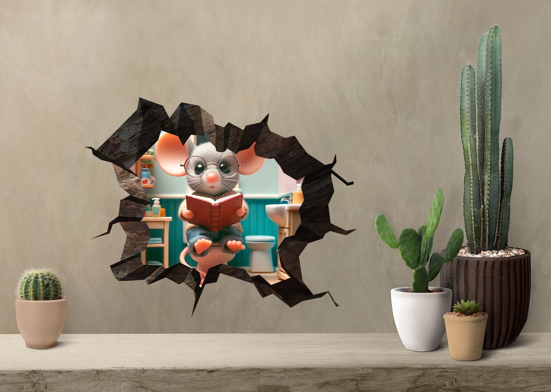 Mouse Sitting on Toilet Reading a Book, Whimsical Mouse Hole Wall Decal ...