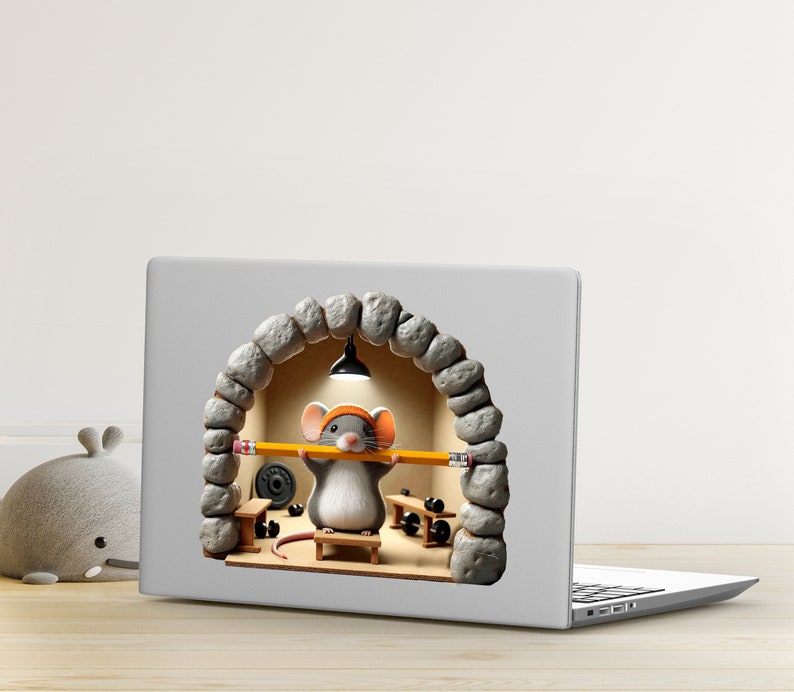 Mouse Lifting Weights - Whimsical Mouse Hole Wall Decal Sticker - 3D ...