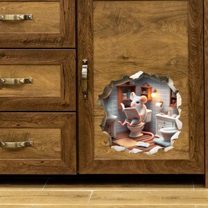 Mouse Sitting on Toilet Reading Newspaper - Whimsical Mouse Hole Wall ...