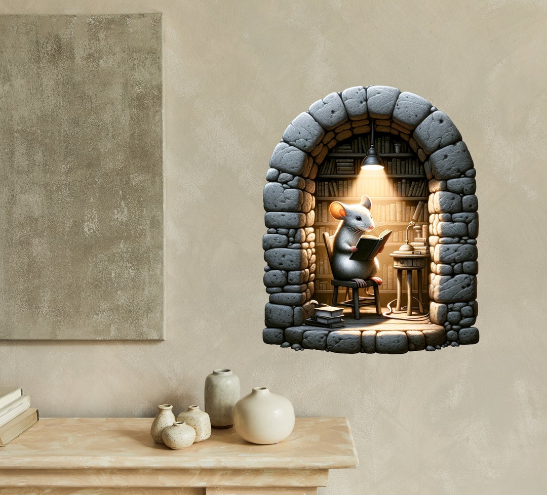 Mouse Reading Book in Library, Inside His Mouse Tunnel - Wall Decal ...