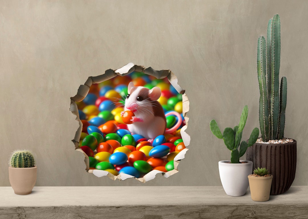 Mouse Eating Candy - Whimsical Mouse Hole Wall Decal Sticker - 3D Cute ...
