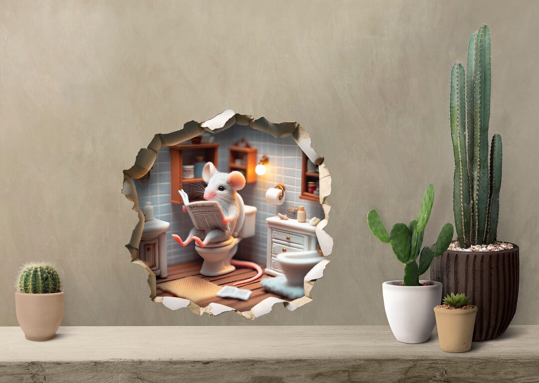 Mouse Sitting on Toilet Reading Newspaper - Whimsical Mouse Hole Wall ...