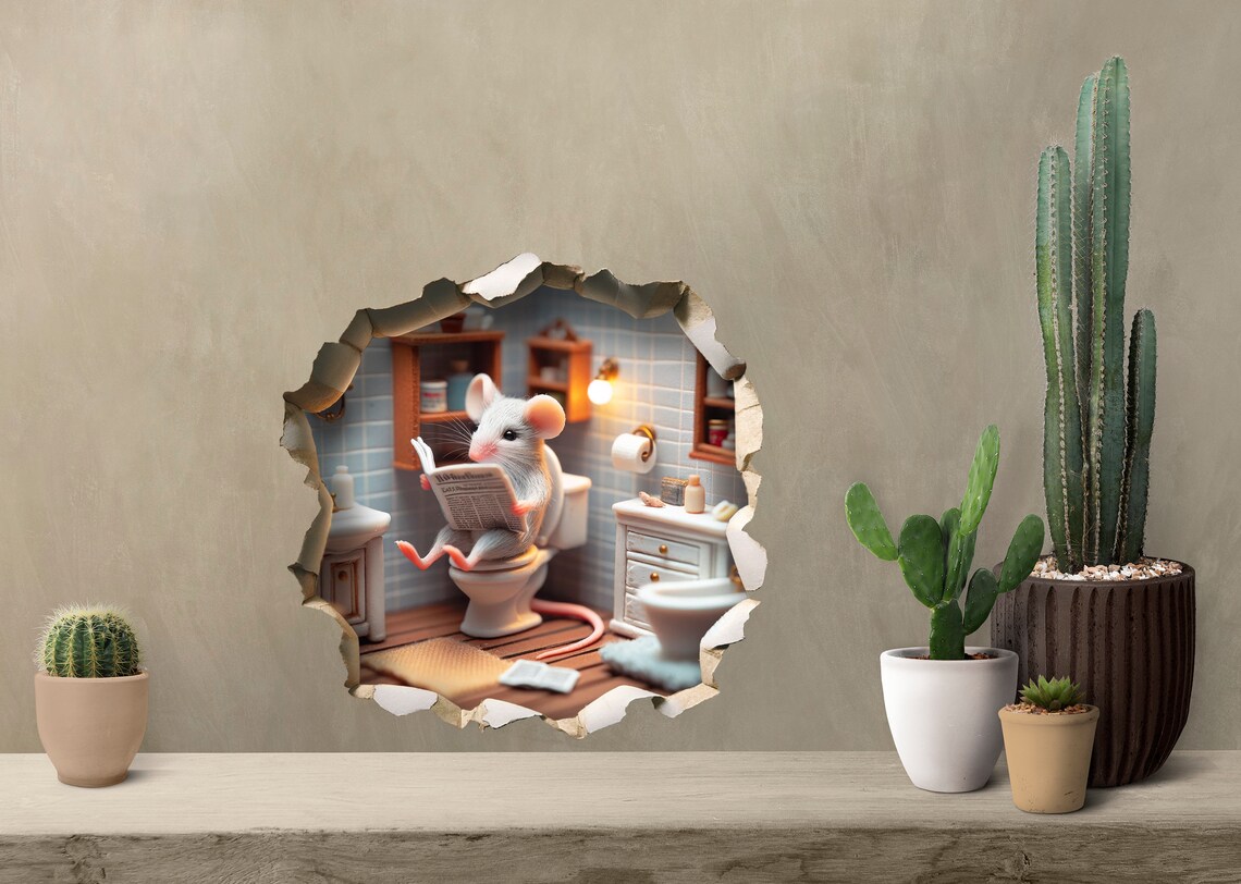 Mouse Sitting on Toilet Reading Newspaper - Whimsical Mouse Hole Wall ...