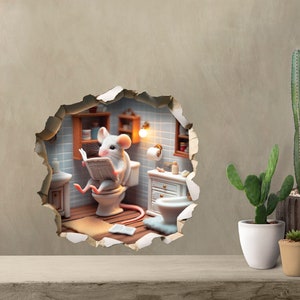 Mouse Sitting on Toilet Reading Newspaper - Whimsical Mouse Hole Wall ...