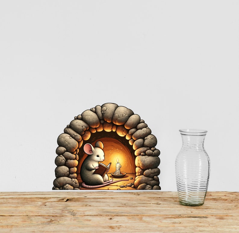 Mouse Reading a Book, Inside His Mouse Tunnel - Cute Wall Decal Sticker ...