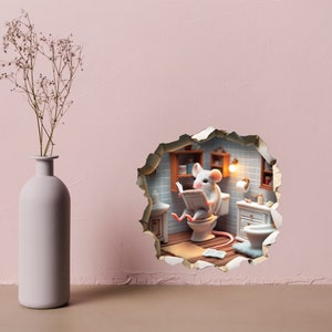 Mouse Sitting on Toilet Reading Newspaper - Whimsical Mouse Hole Wall ...