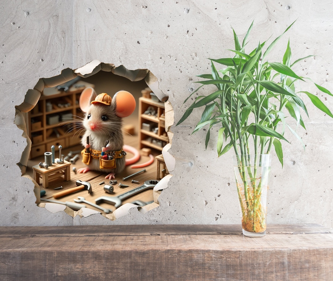 Mouse Handyman - Whimsical Mouse Hole Wall Decal Sticker - 3D Cute Home ...