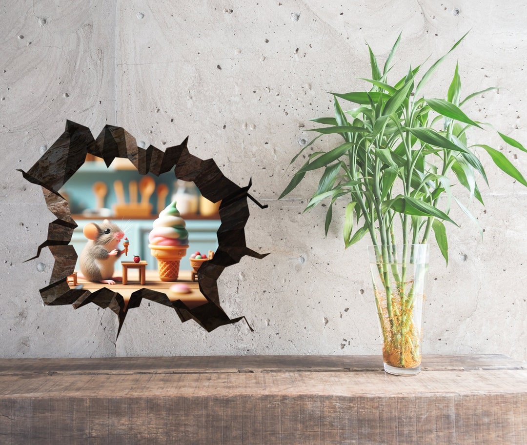 Mouse Eating Ice Cream - Whimsical Mouse Hole Wall Decal Sticker - 3D ...