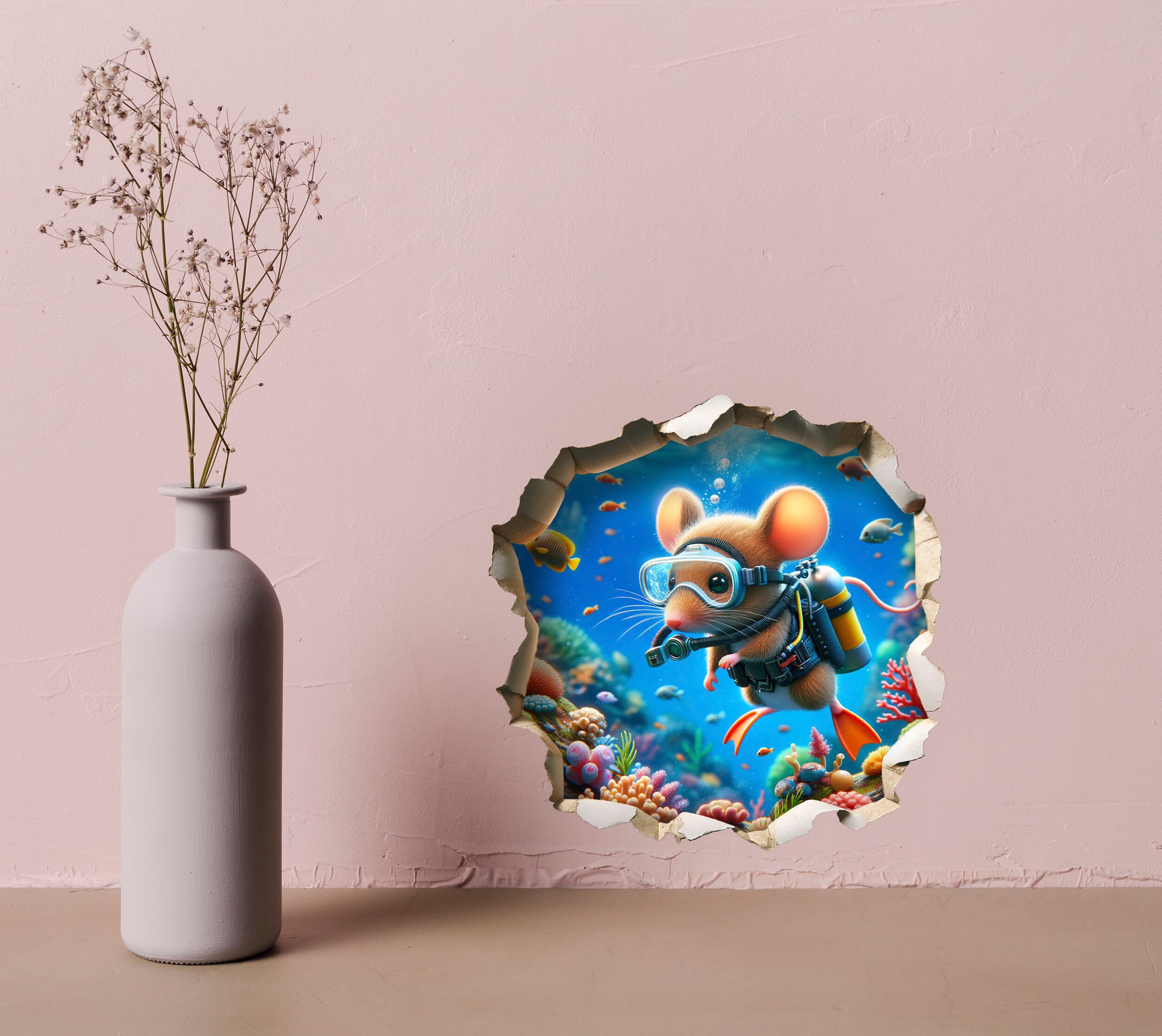 Mouse Diving - Whimsical Mouse Hole Wall Decal Sticker - 3D Cute Home ...