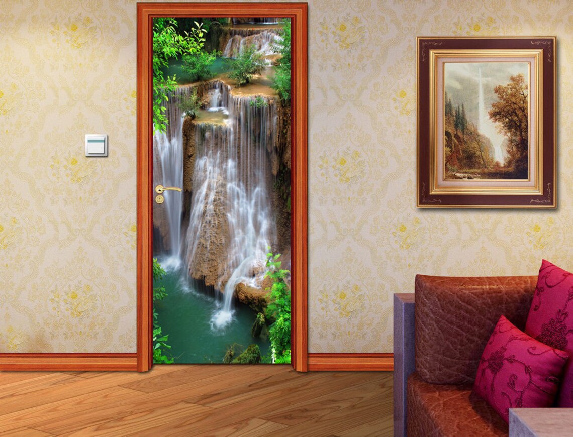 Waterfall Forest Trees Door Wallpaper Decal Removable Sticker ...