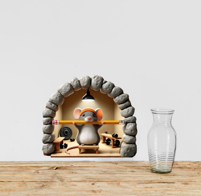 Mouse Lifting Weights - Whimsical Mouse Hole Wall Decal Sticker - 3D ...