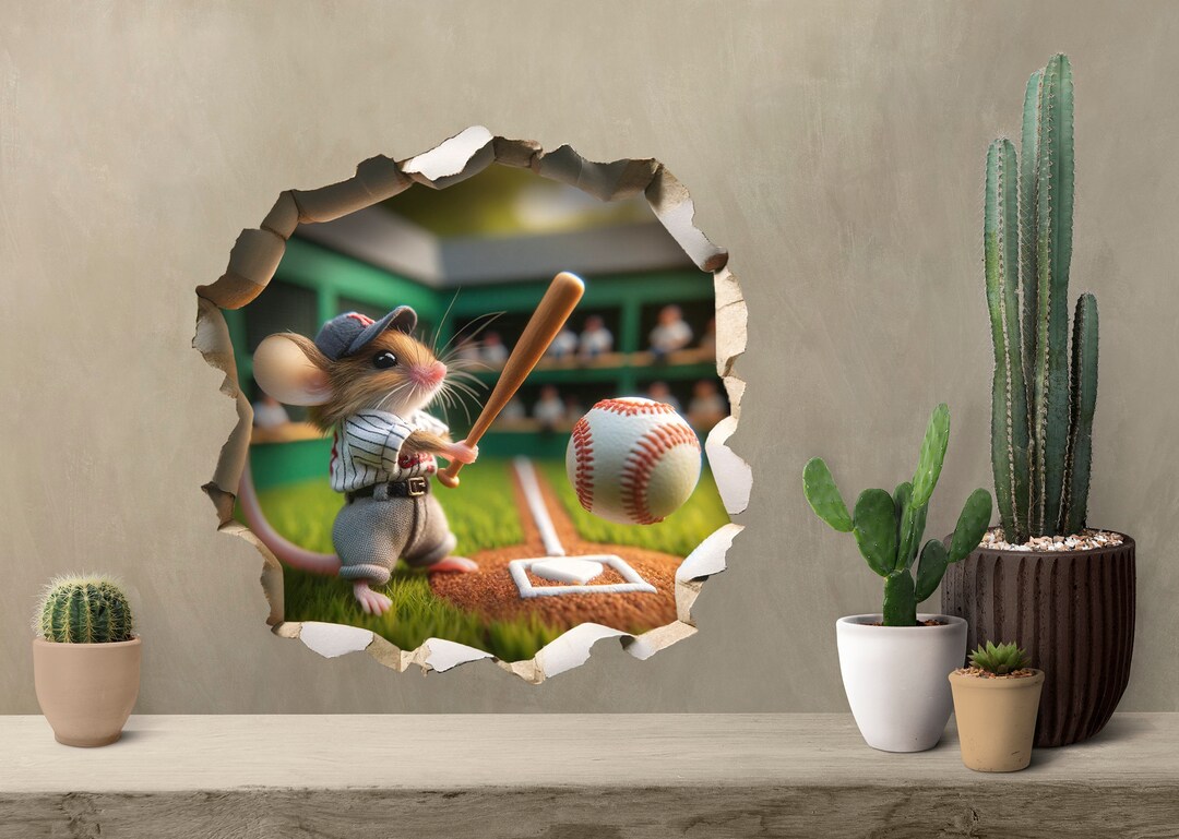 Baseball Player Mouse - Whimsical Mouse Hole Wall Decal Sticker - 3D ...