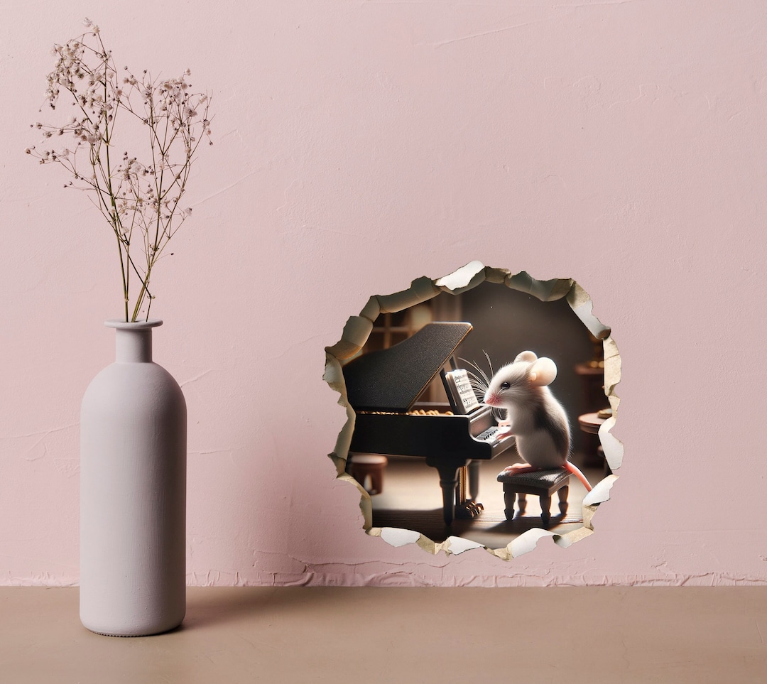Mouse Playing Piano - Whimsical Mouse Hole Wall Decal Sticker - 3D Cute ...