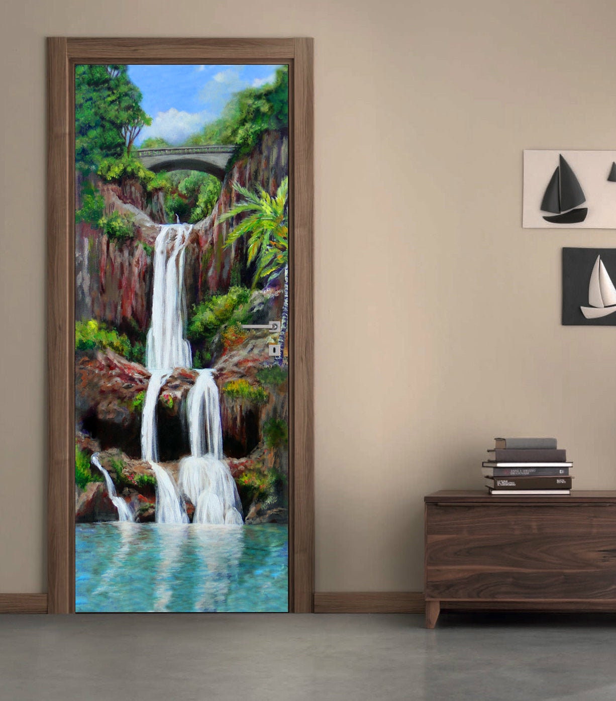 Waterfall Forest Trees Door Wallpaper Decal Removable Sticker ...
