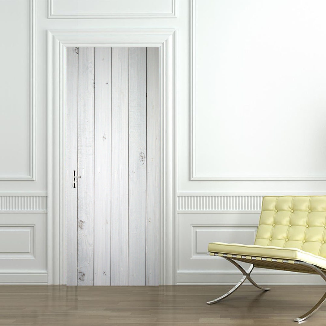 White Wood Planks Door Wallpaper Decal Removable Sticker Personalized ...