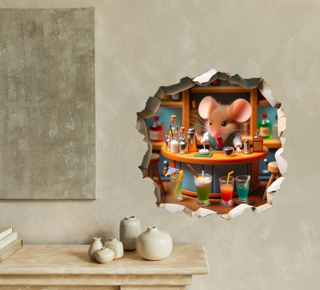 Mouse Bartender Making Cocktails - Whimsical Mouse Hole Wall Decal ...