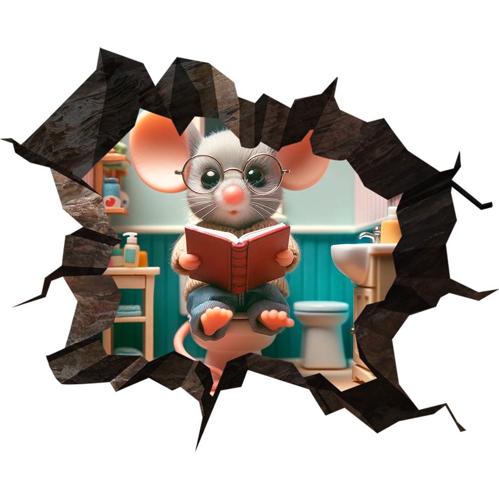 Mouse Sitting on Toilet Reading a Book, Whimsical Mouse Hole Wall Decal ...
