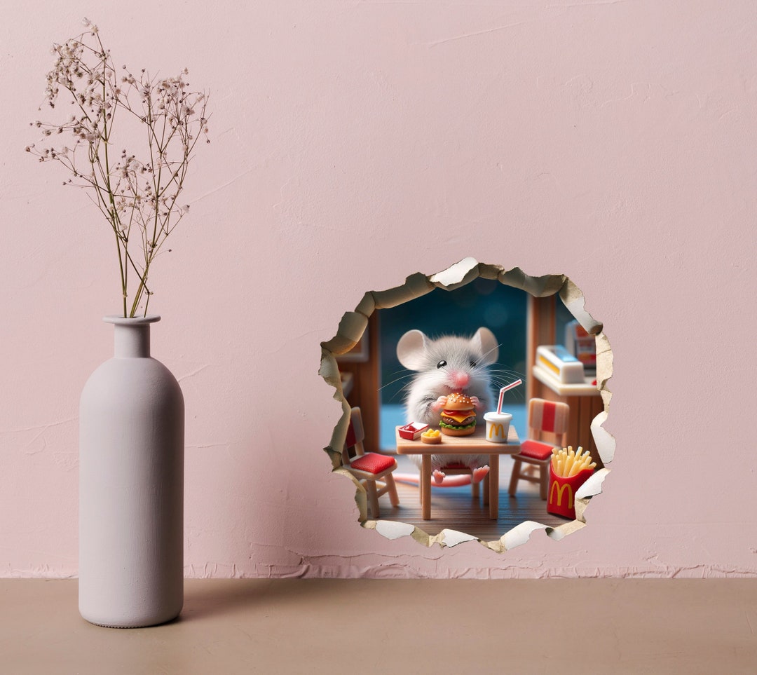 Mouse Eating a Hamburger - Whimsical Mouse Hole Wall Decal Sticker - 3D ...